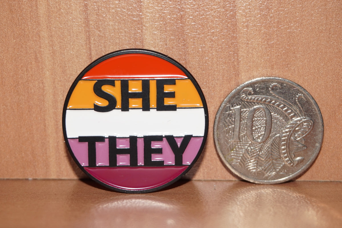 She/They Lesbian pronoun enamel pin – PridePoint